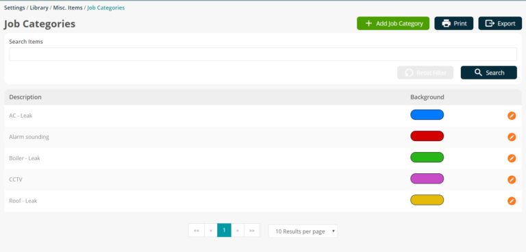 Joblogic – ‘Job Categories’ screen